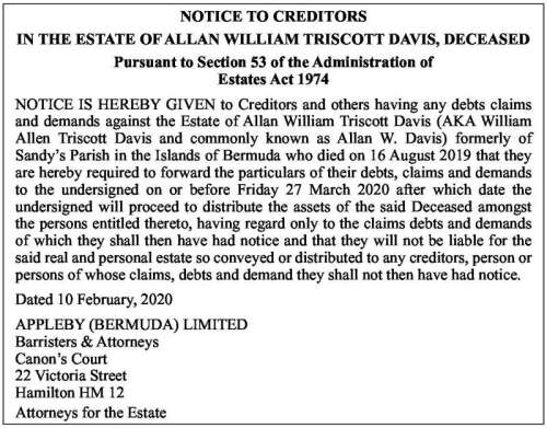 In The Estate of Allan William Triscott Davis - Section 53 Notice to Creditors - The Royal ...