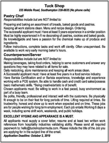 Pastry Chef and Counterperson/Server - The Royal Gazette | Bermuda News ...