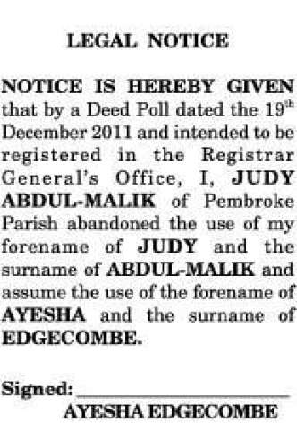 Deed Poll Judy Abdul Malik The Royal Gazette Bermuda News Business