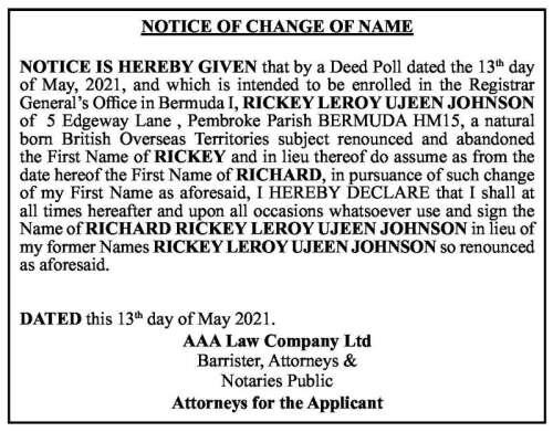 NOTICE OF CHANGE OF NAME - The Royal Gazette | Bermuda News, Business ...