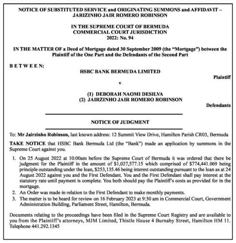 NOTICE OF JUDGMENT - The Royal Gazette | Bermuda News, Business, Sports ...