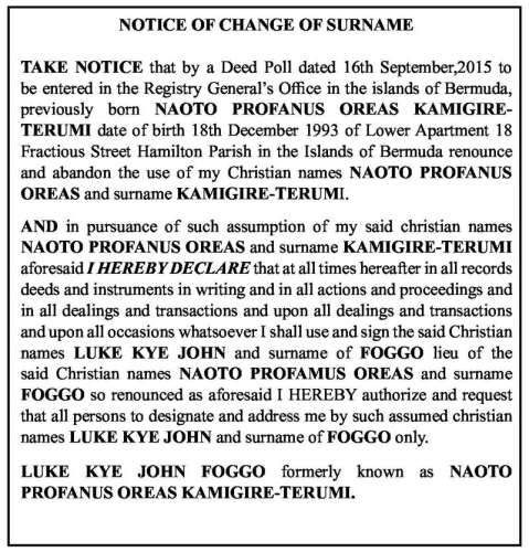 Deed Poll LUKE KYE JOHN FOGGO - The Royal Gazette | Bermuda News ...