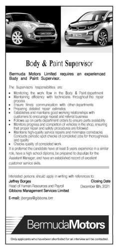 Body & Paint Supervisor - The Royal Gazette | Bermuda News, Business ...