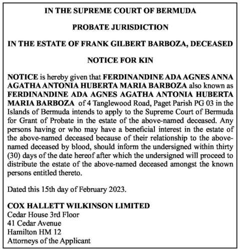 NOTICE FOR KIN FRANK GILBERT BARBOZA - The Royal Gazette | Bermuda News ...