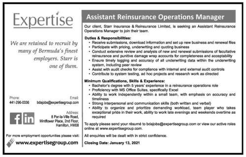 Assistant Reinsurance Operations Manager - The Royal Gazette | Bermuda ...