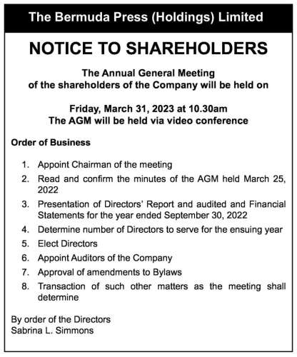 AGM Notice to Shareholders - The Royal Gazette | Bermuda News, Business ...