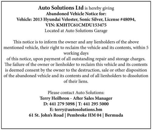 Abandoned Vehicle Notice - The Royal Gazette | Bermuda News, Business ...