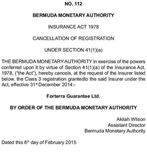 NO. 112 BERMUDA MONETARY AUTHORITY INSURANCE ACT 1978 CANCELLATION OF ...