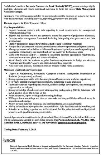 Data Management Assistant Manager. - The Royal Gazette | Bermuda News ...