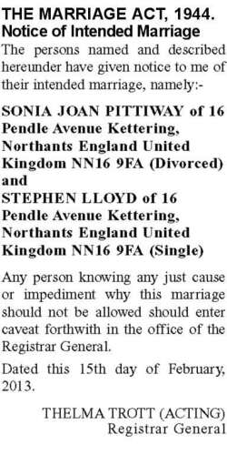 THE MARRIAGE ACT, 1944. Notice of Intended Marriage The persons named ...
