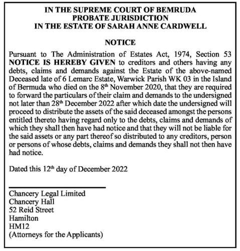 ESTATE OF ELIZABETH DOLORES ROBERTS Notice to Creditors - The Royal ...