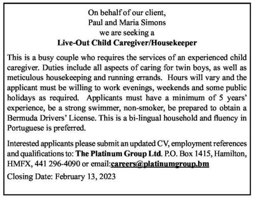 Live-Out Child Caregiver/Housekeeper - The Royal Gazette | Bermuda News ...