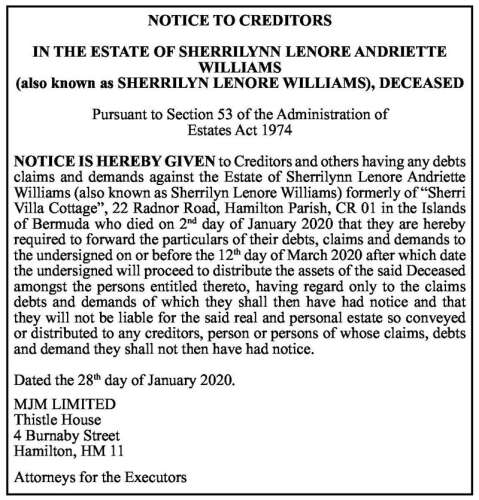 NOTICE TO CREDITORS -IN THE ESTATE OF SHERRILYNN LENORE ANDRIETTE WILLIAMS(also known as ...