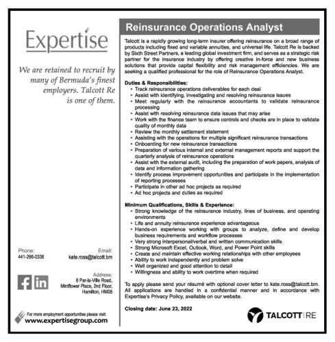Reinsurance Operations Analyst - The Royal Gazette | Bermuda News ...