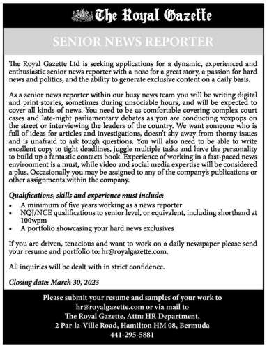 Senior News Reporter - The Royal Gazette | Bermuda News, Business ...