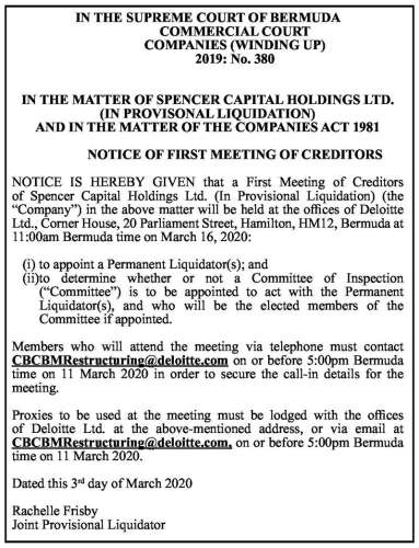 NOTICE OF FIRST MEETING OF CREDITORS - The Royal Gazette | Bermuda News, Business, Sports ...