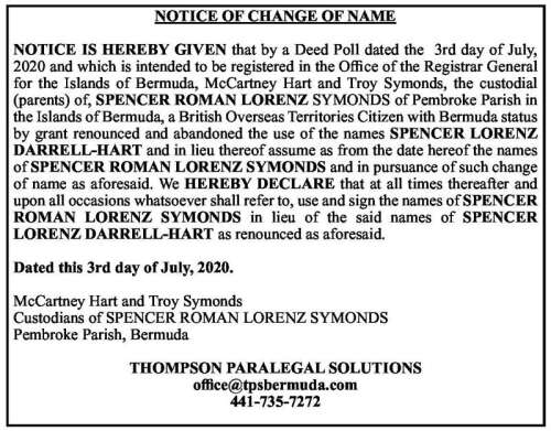 SPENCER ROMAN LORENZ SYMONDS Deed Poll - The Royal Gazette | Bermuda ...