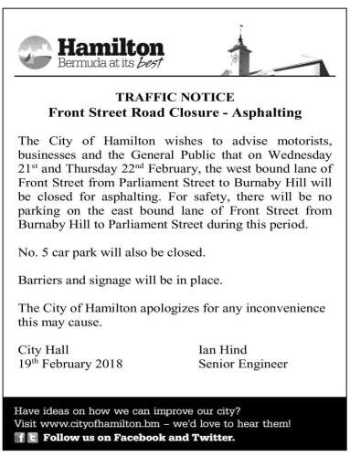 Traffic Notice - Front Street Road Closure - Asphalting - The Royal ...
