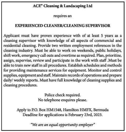 EXPERIENCED CLEANER/CLEANING SUPERVISOR - The Royal Gazette | Bermuda ...