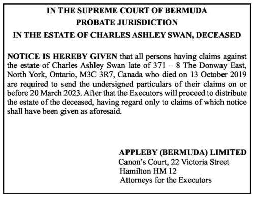 IN THE ESTATE OF CHARLES ASHLEY SWAN - CLAIMS - The Royal Gazette ...