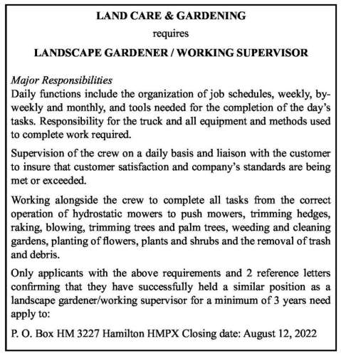 LANDSCAPE GARDENER / WORKING SUPERVISOR - The Royal Gazette | Bermuda ...