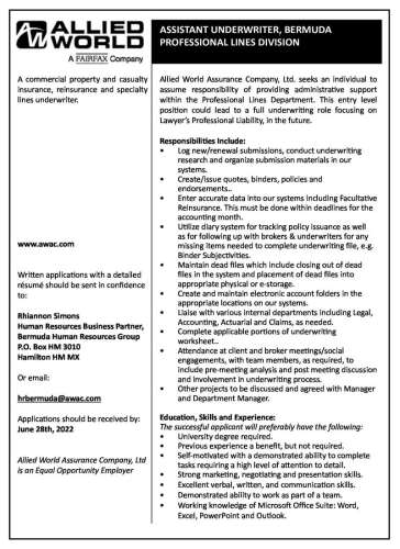ASSISTANT UNDERWRITER, BERMUDA PROFESSIONAL LINES DIVISION - The Royal ...