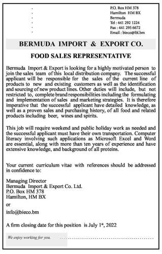 FOOD SALES REPRESENTATIVE - The Royal Gazette | Bermuda News, Business ...